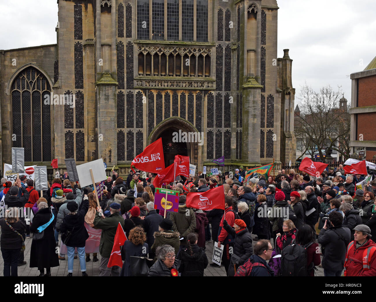Norwich, UK 25th Feb, 2017 Drummers lead the NHS Protest march through ...