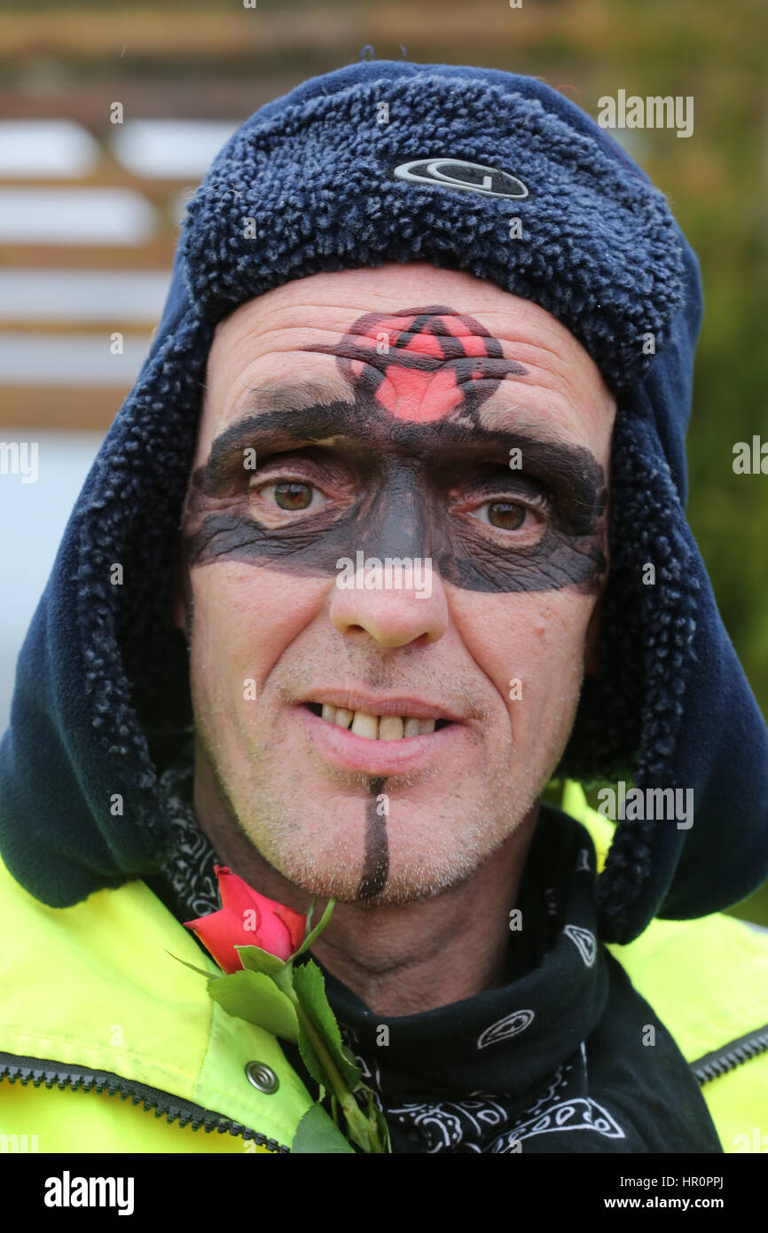 Lancashire, UK. 25th Feb, 2017. A man with face painting of the anarchy ...