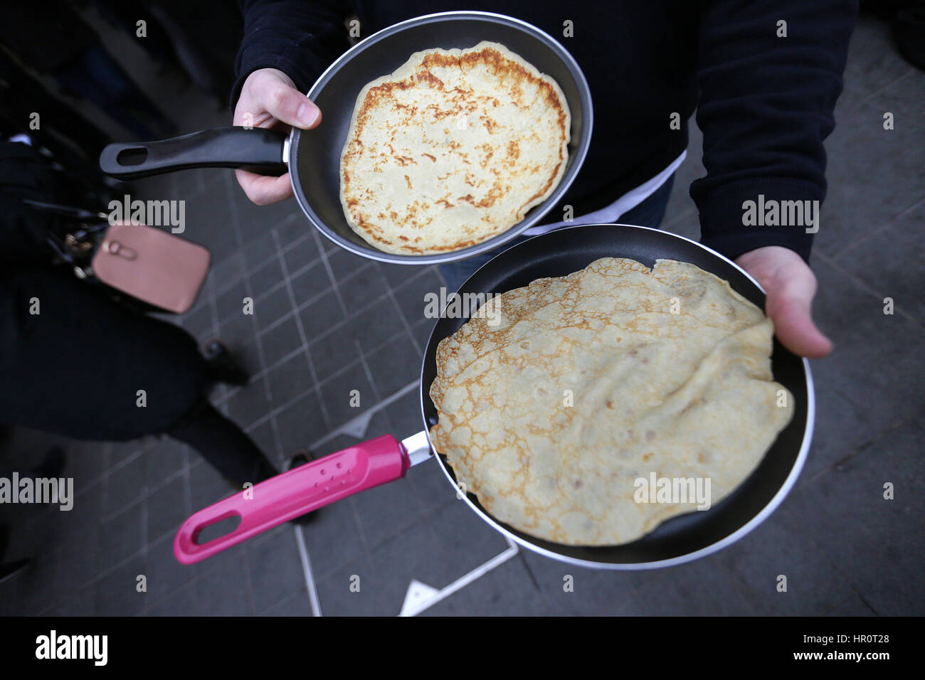 London, UK. 25th Feb, 2017. Racing pancakes are seen prepared for an ...