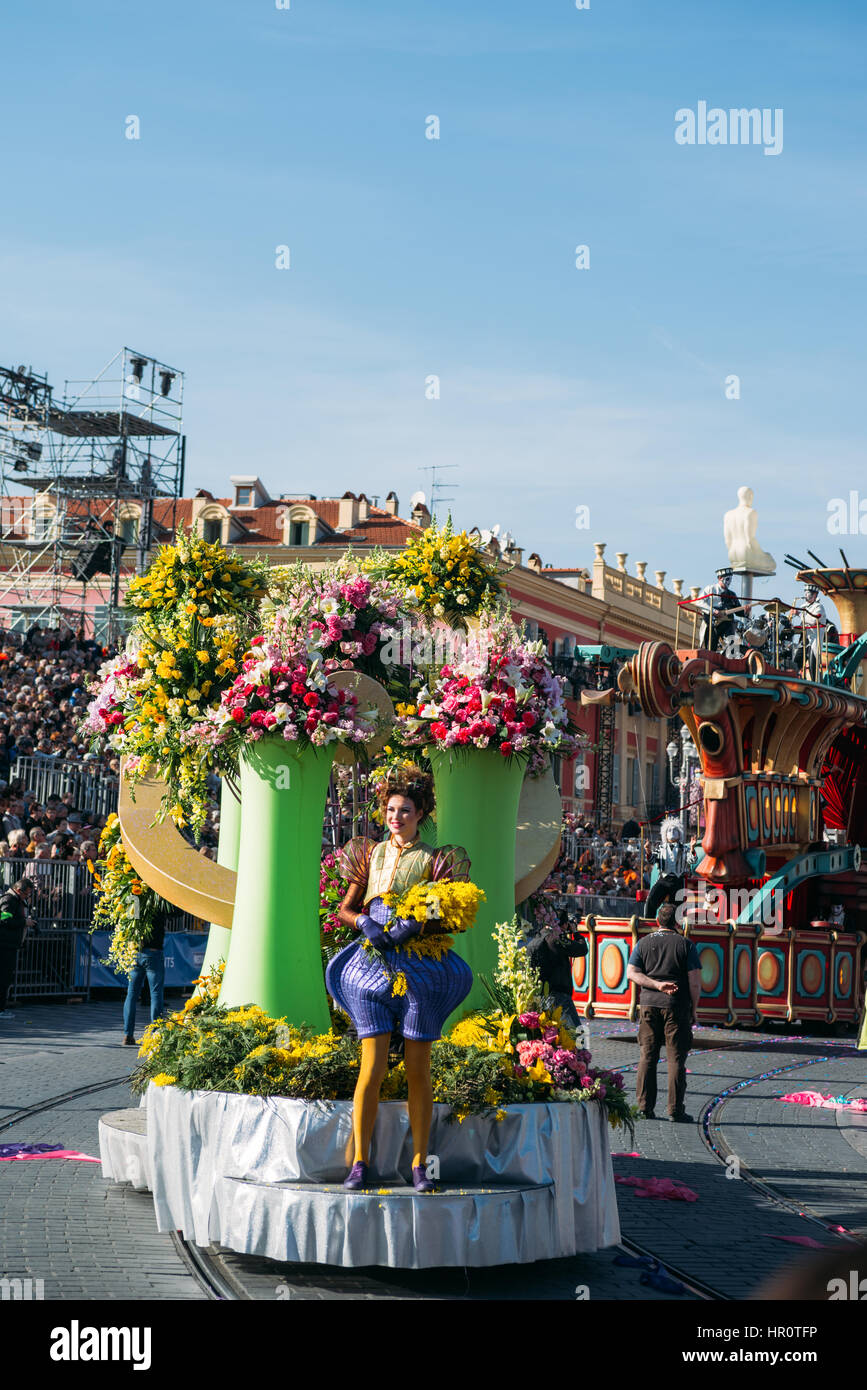 Nice, France. 25th February 2017. A parade float during the daylight ...