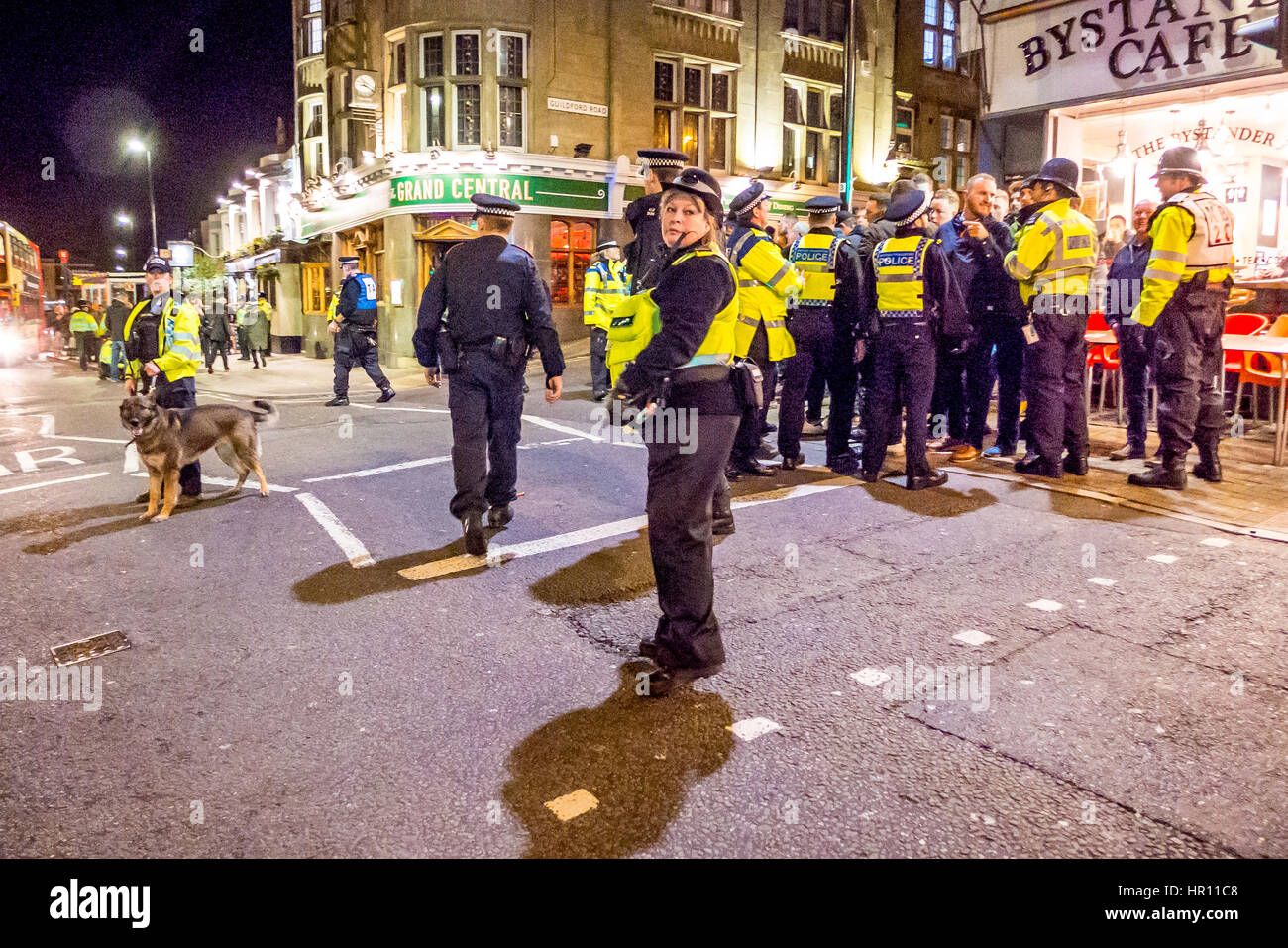 Brighton, UK. 25th February 2017. Police officers and dogs calm down a ...