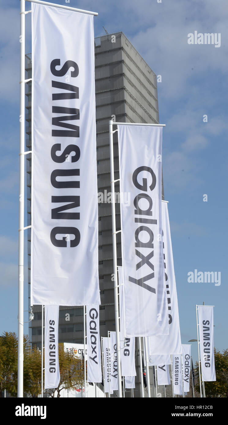 Flags of Samsung can be seen at the Mobile World Congress in Barcelona ...