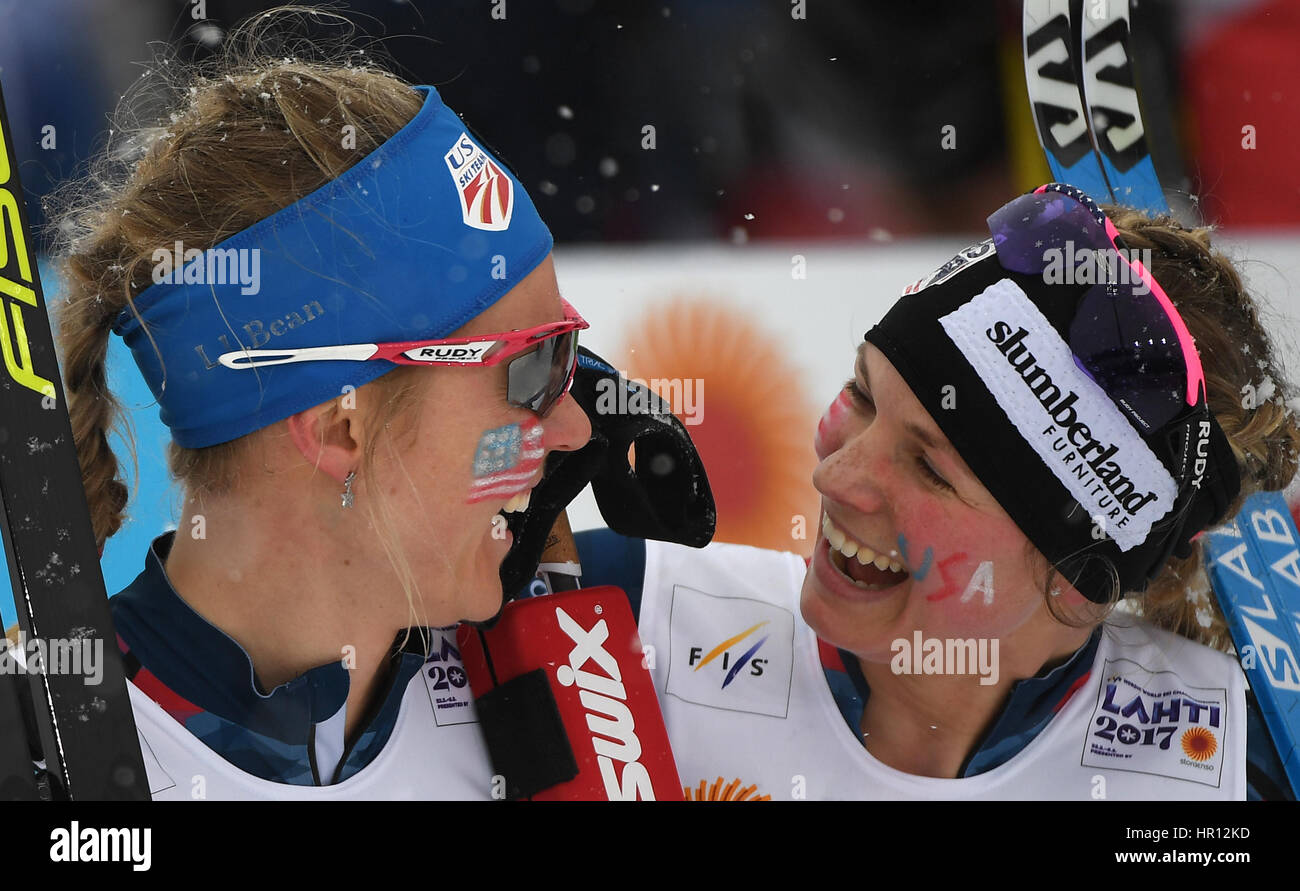 Lahti, Finland. 26th Feb, 2017. Sadie Bjornsen (l.) and Jessica Diggins ...