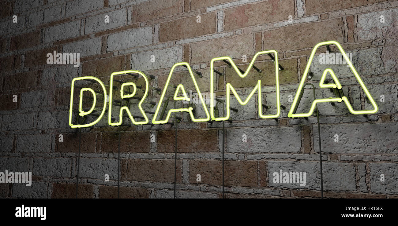 DRAMA - Glowing Neon Sign on stonework wall - 3D rendered royalty free ...