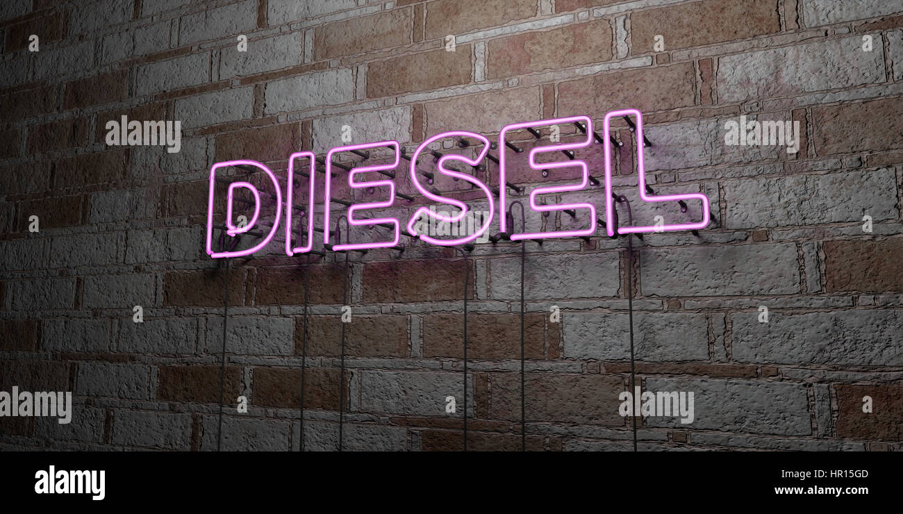 DIESEL - Glowing Neon Sign on stonework wall - 3D rendered royalty free ...