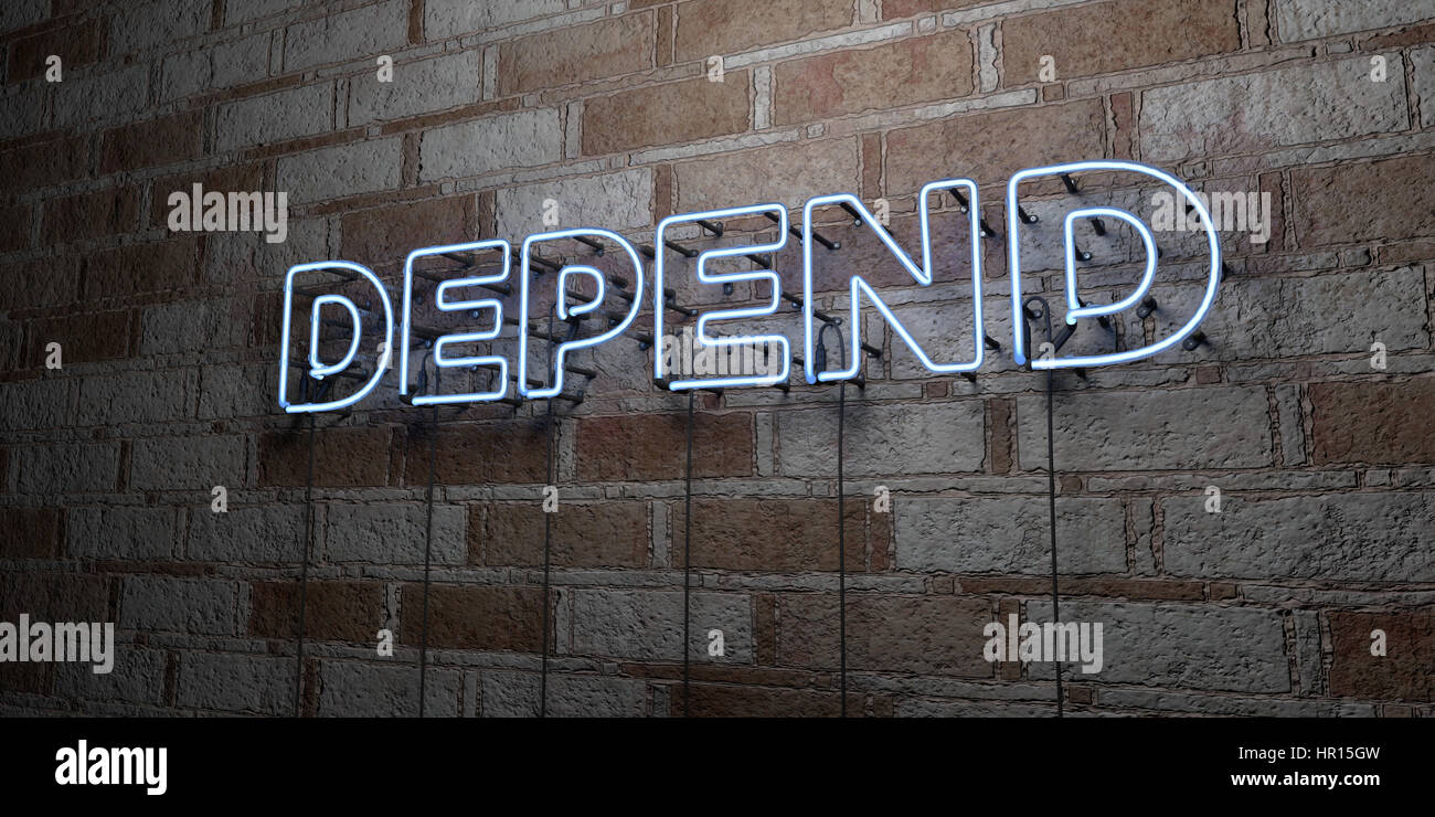 DEPEND - Glowing Neon Sign on stonework wall - 3D rendered royalty free ...