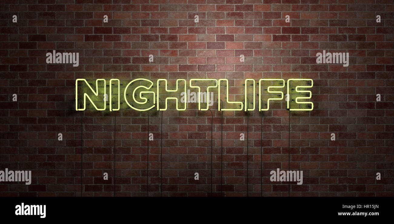 NIGHTLIFE - fluorescent Neon tube Sign on brickwork - Front view - 3D ...