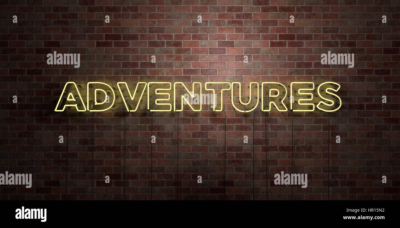 ADVENTURES - fluorescent Neon tube Sign on brickwork - Front view - 3D ...
