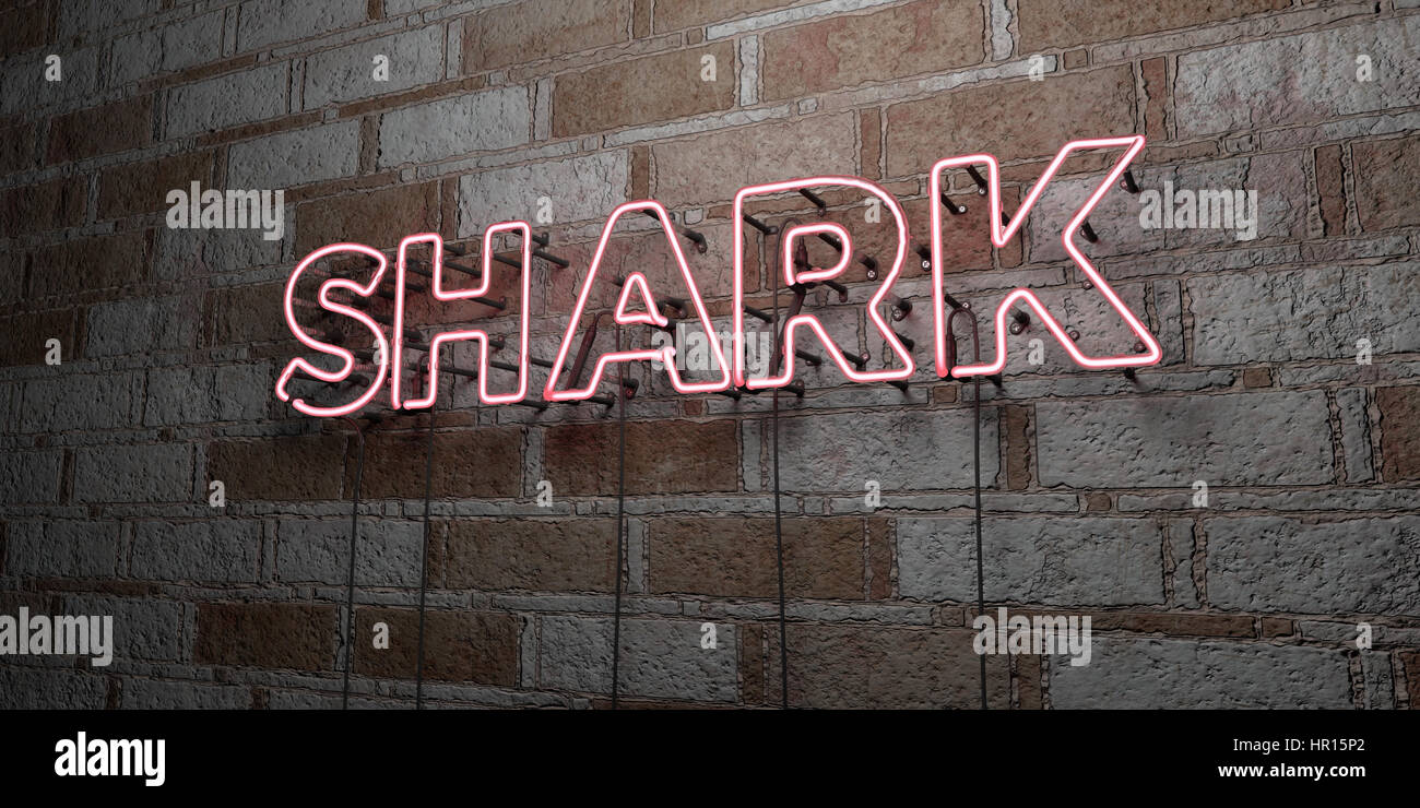 SHARK - Glowing Neon Sign on stonework wall - 3D rendered royalty free ...