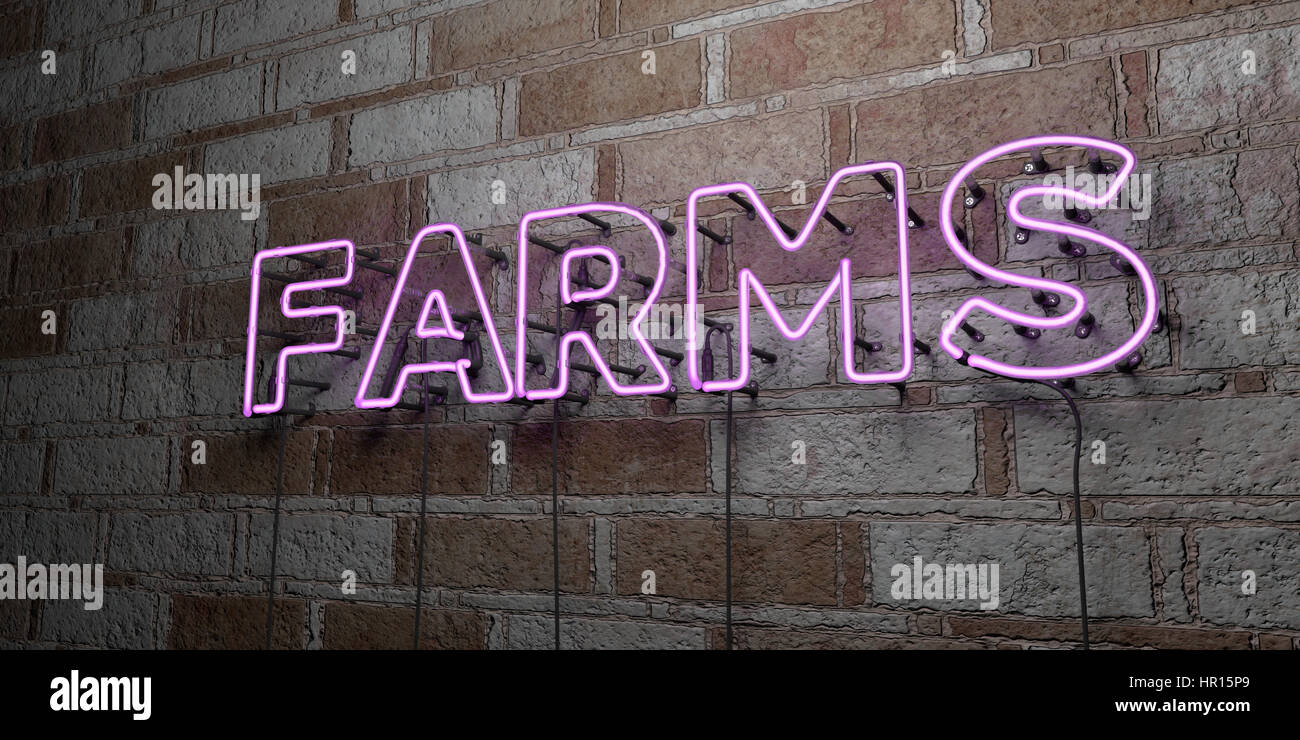 FARMS - Glowing Neon Sign on stonework wall - 3D rendered royalty free ...