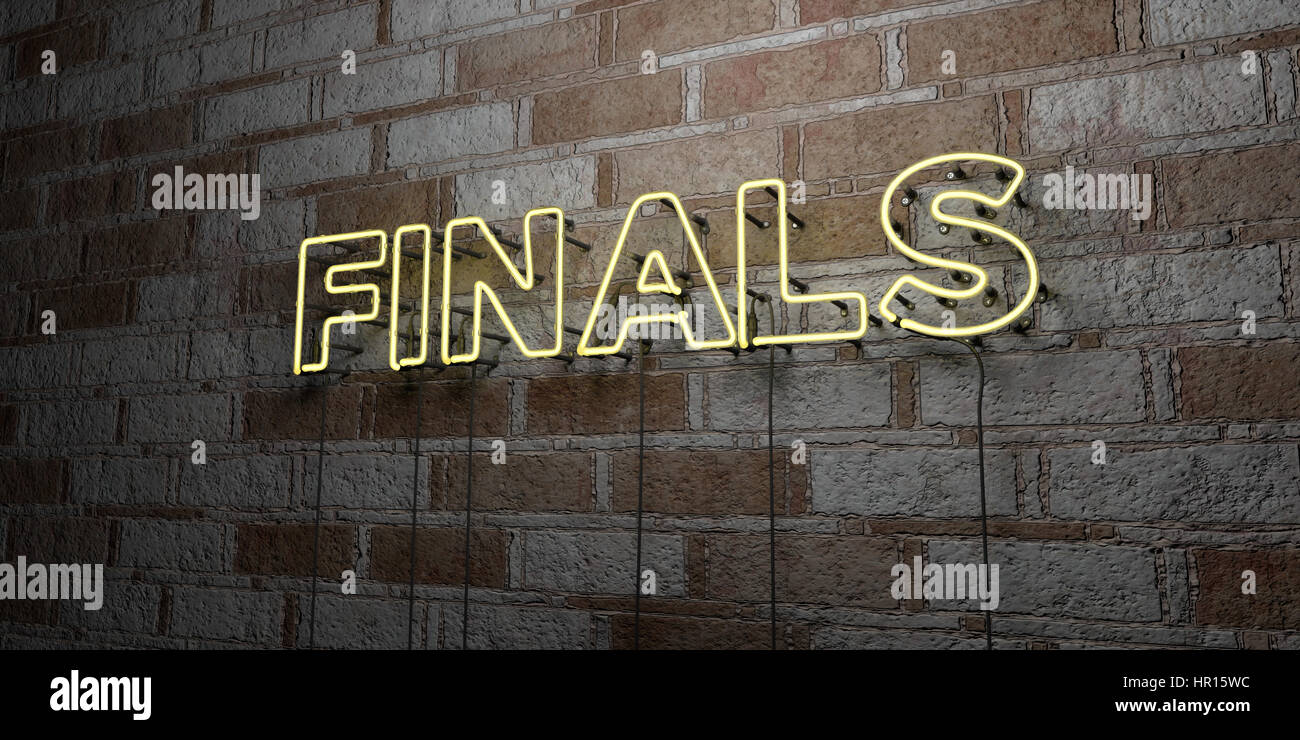 FINALS - Glowing Neon Sign on stonework wall - 3D rendered royalty free ...
