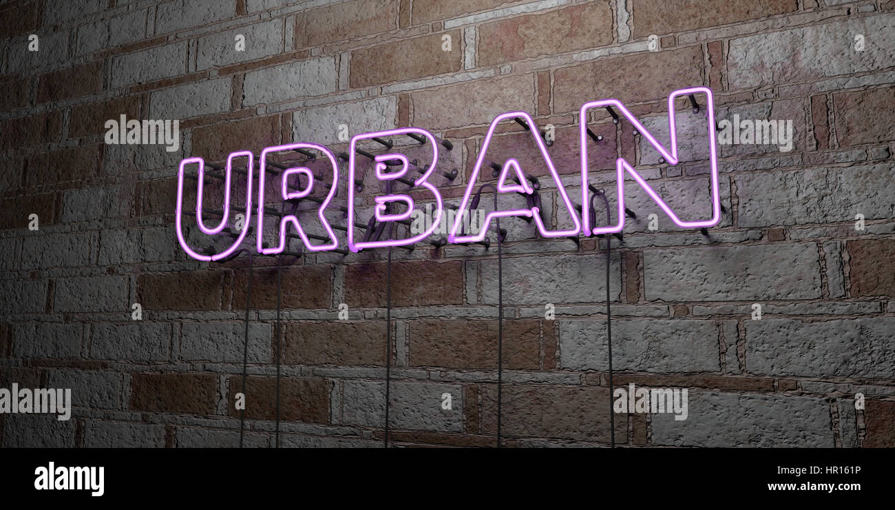 URBAN - Glowing Neon Sign on stonework wall - 3D rendered royalty free ...