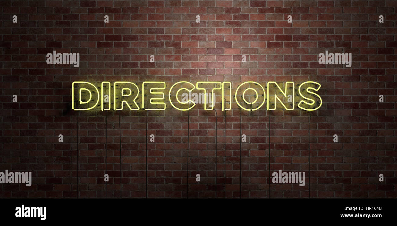 DIRECTIONS - fluorescent Neon tube Sign on brickwork - Front view - 3D ...