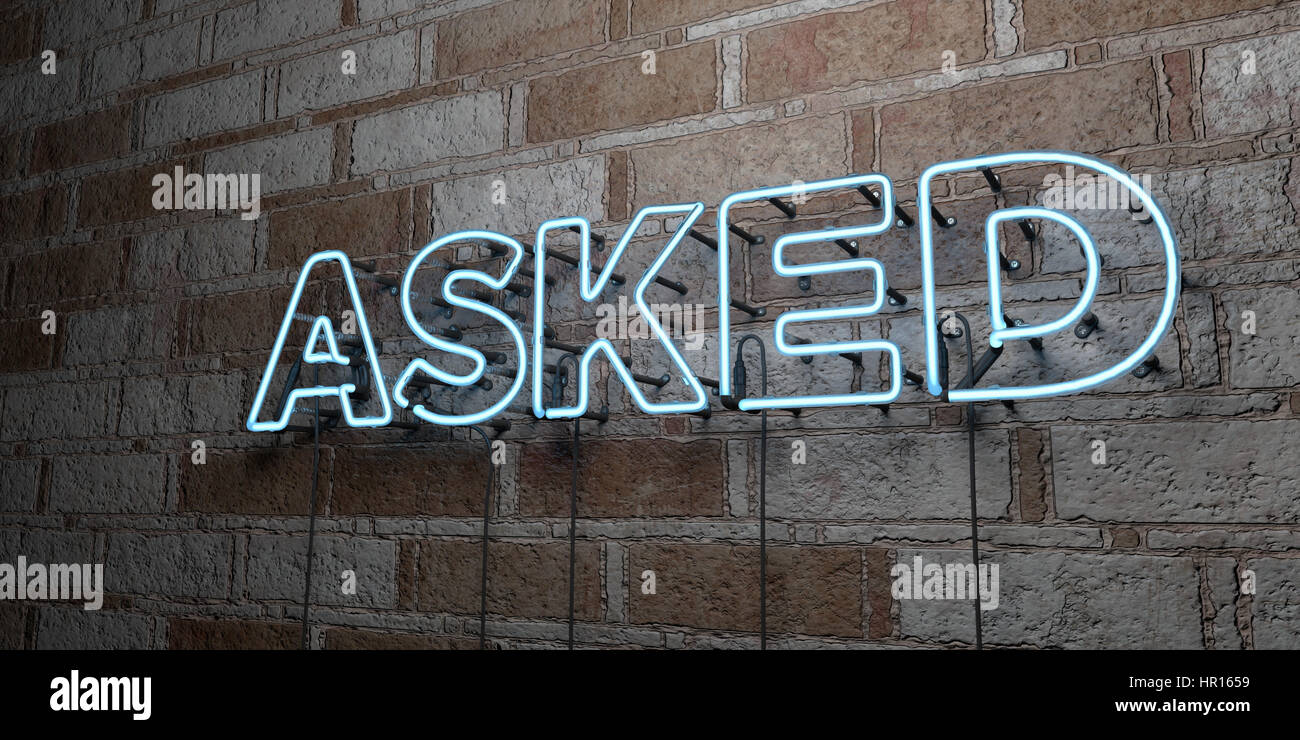 ASKED - Glowing Neon Sign on stonework wall - 3D rendered royalty free ...