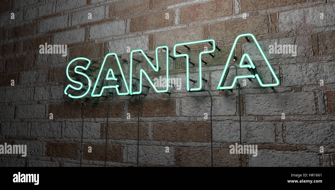 SANTA - Glowing Neon Sign on stonework wall - 3D rendered royalty free ...