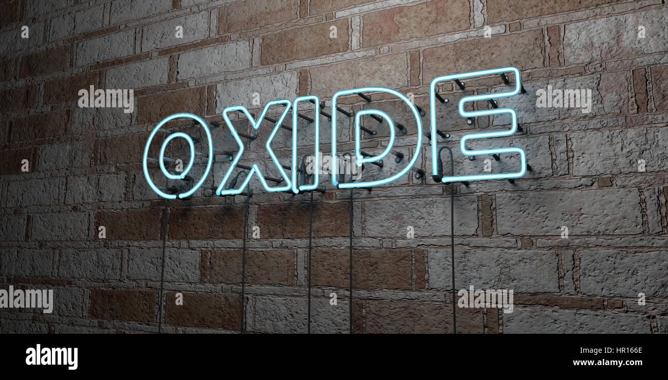 OXIDE - Glowing Neon Sign on stonework wall - 3D rendered royalty free ...