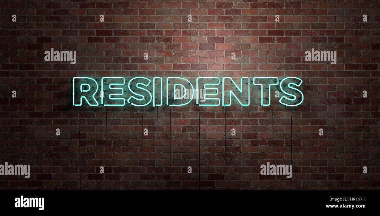 RESIDENTS - fluorescent Neon tube Sign on brickwork - Front view - 3D ...