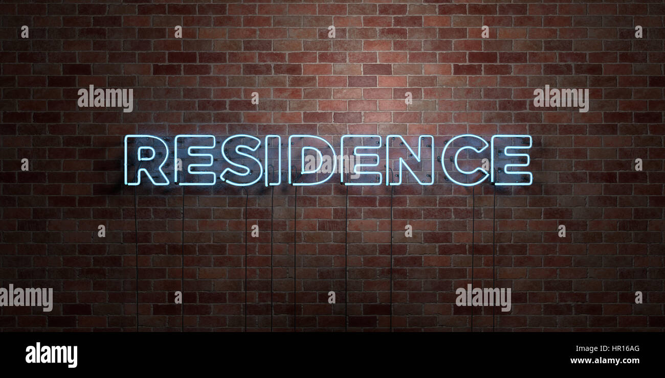 RESIDENCE - fluorescent Neon tube Sign on brickwork - Front view - 3D ...