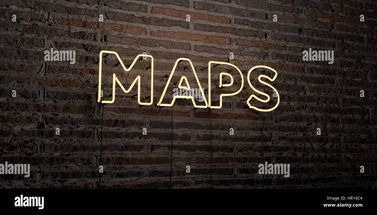 MAPS -Realistic Neon Sign on Brick Wall background - 3D rendered ...