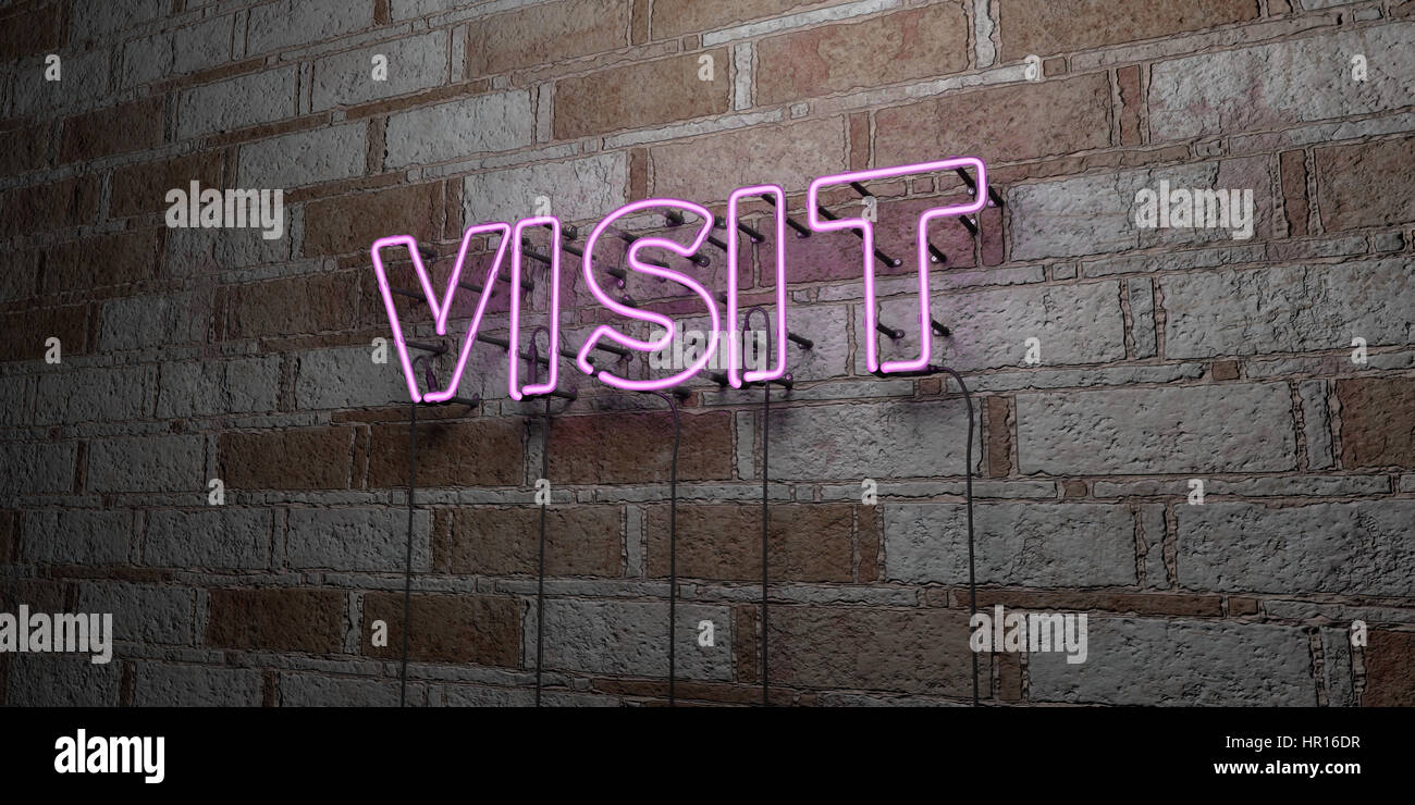 VISIT - Glowing Neon Sign on stonework wall - 3D rendered royalty free ...