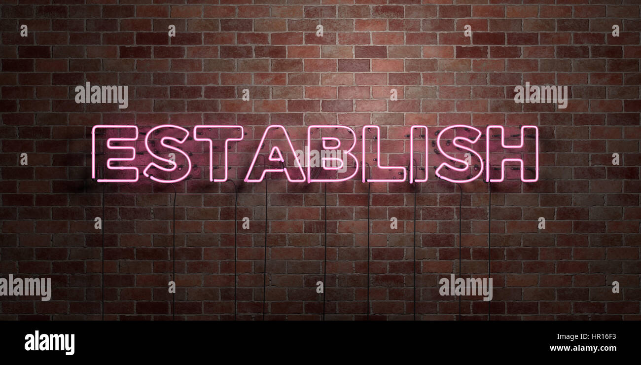 ESTABLISH - fluorescent Neon tube Sign on brickwork - Front view - 3D ...