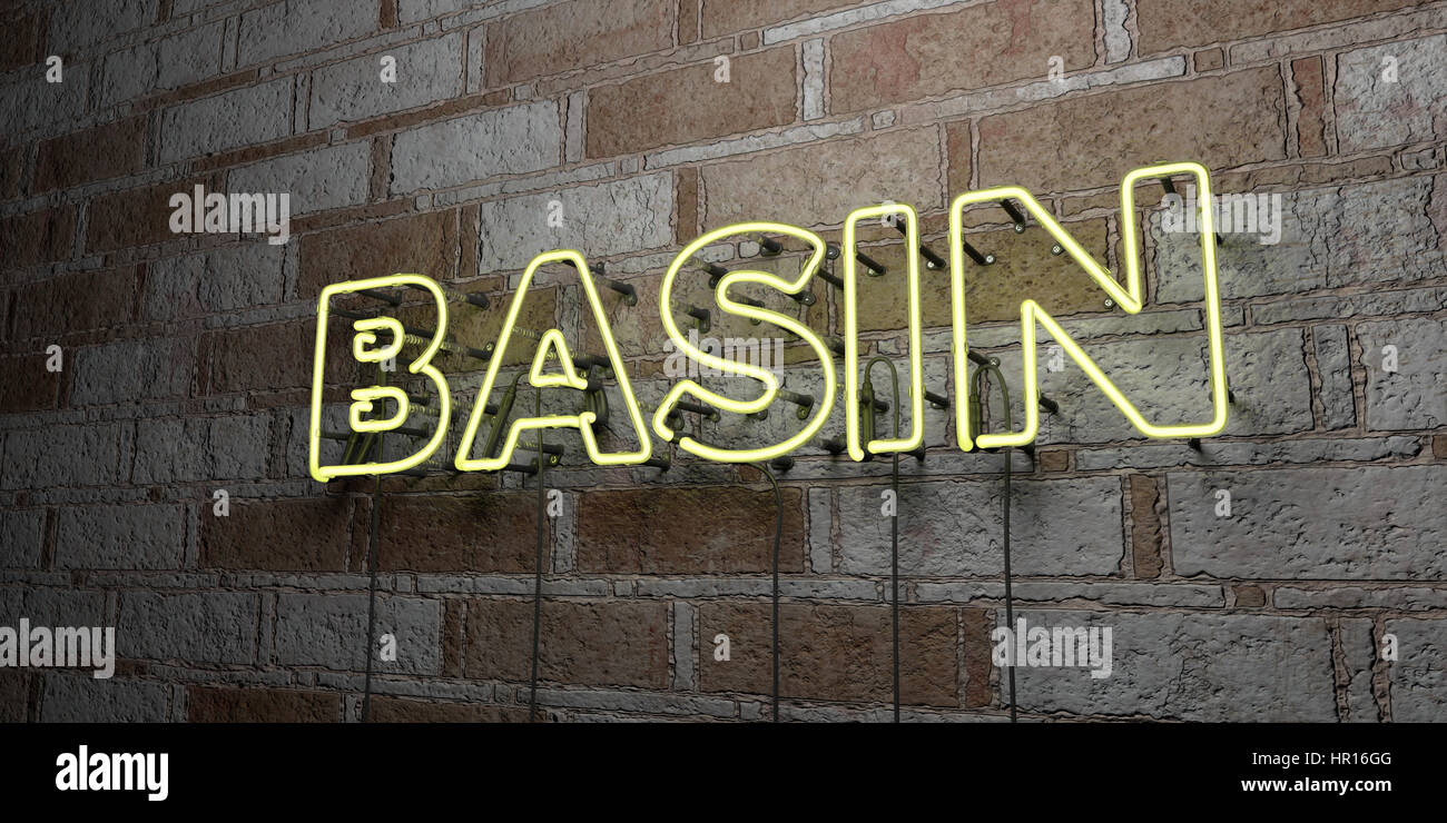 BASIN - Glowing Neon Sign on stonework wall - 3D rendered royalty free ...