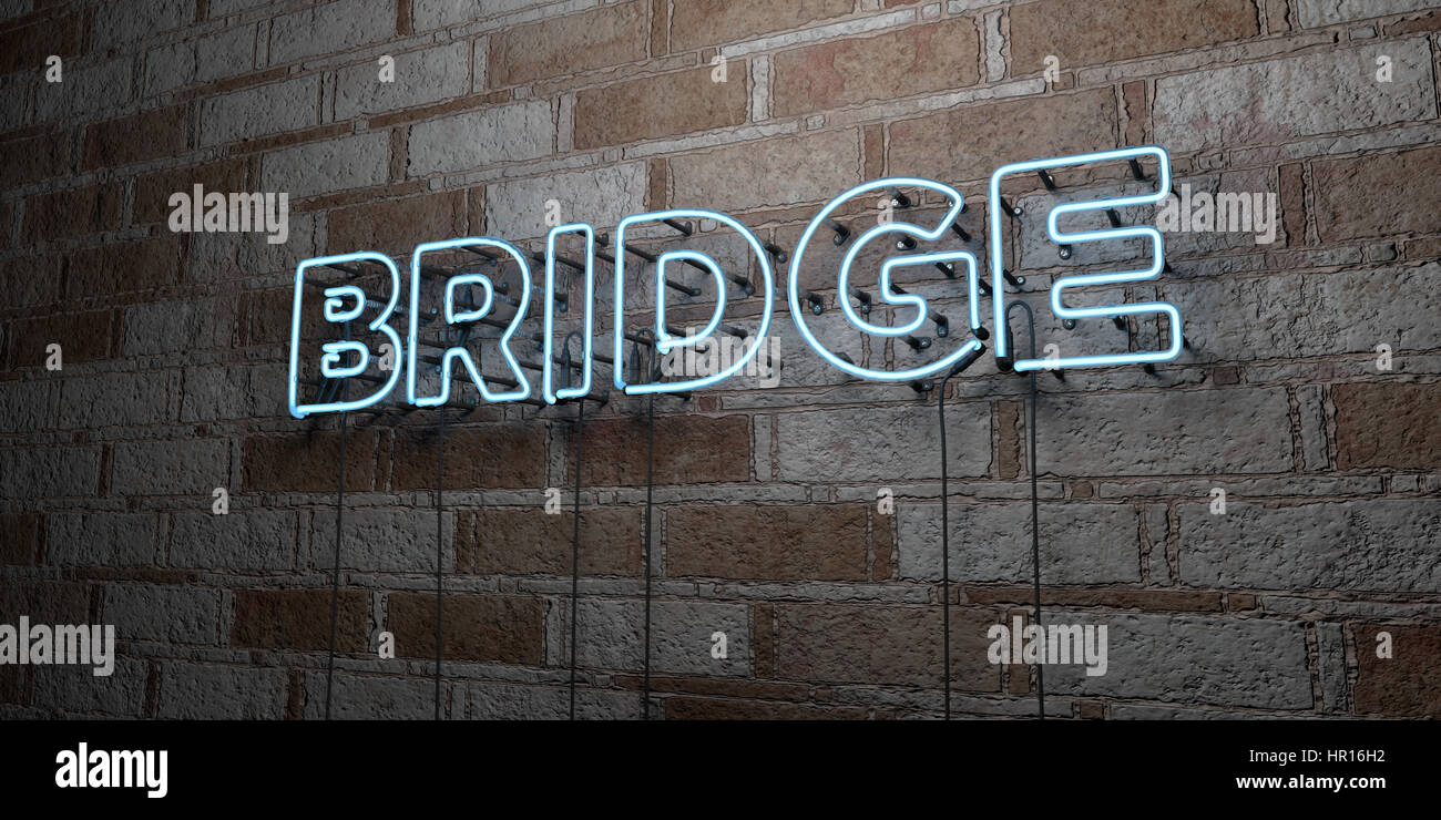BRIDGE - Glowing Neon Sign on stonework wall - 3D rendered royalty free ...