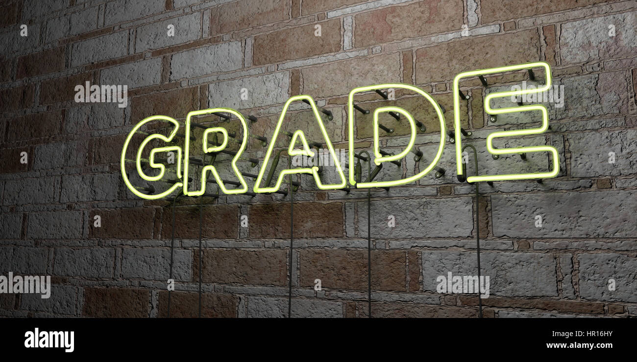 GRADE - Glowing Neon Sign on stonework wall - 3D rendered royalty free ...