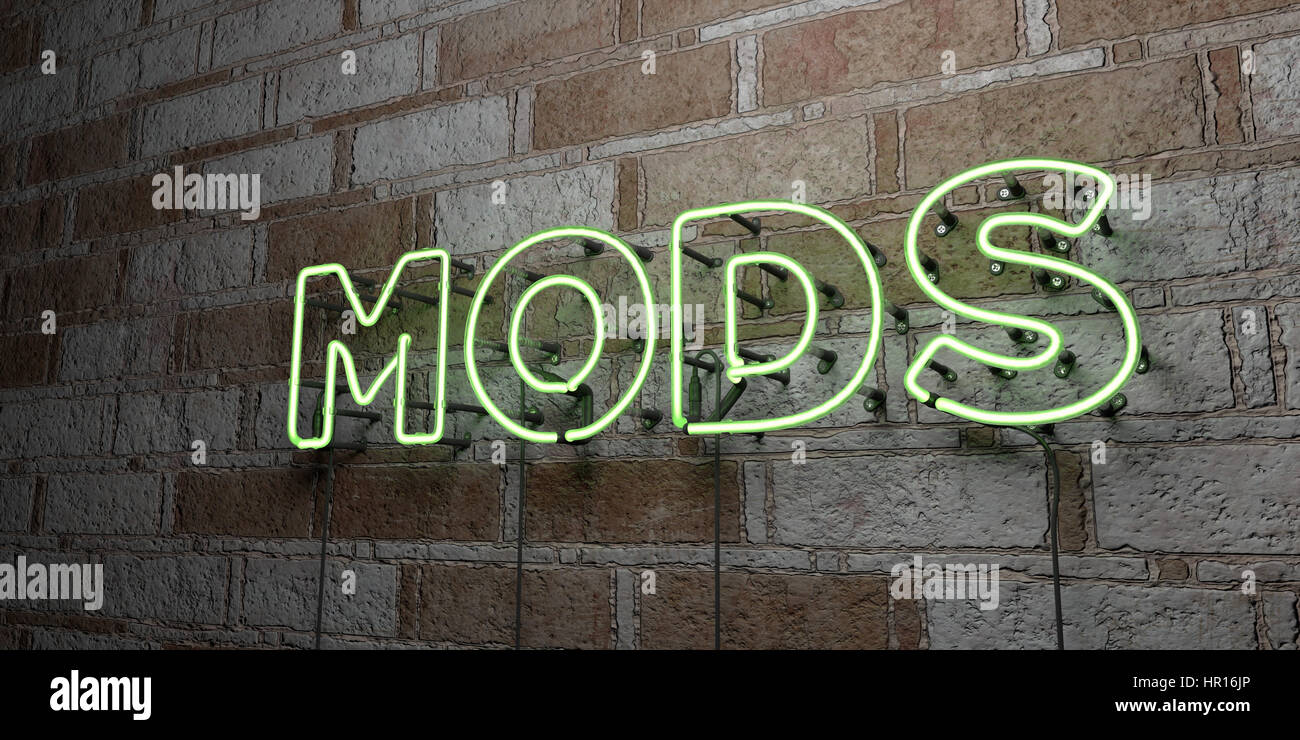 MODS - Glowing Neon Sign on stonework wall - 3D rendered royalty free ...