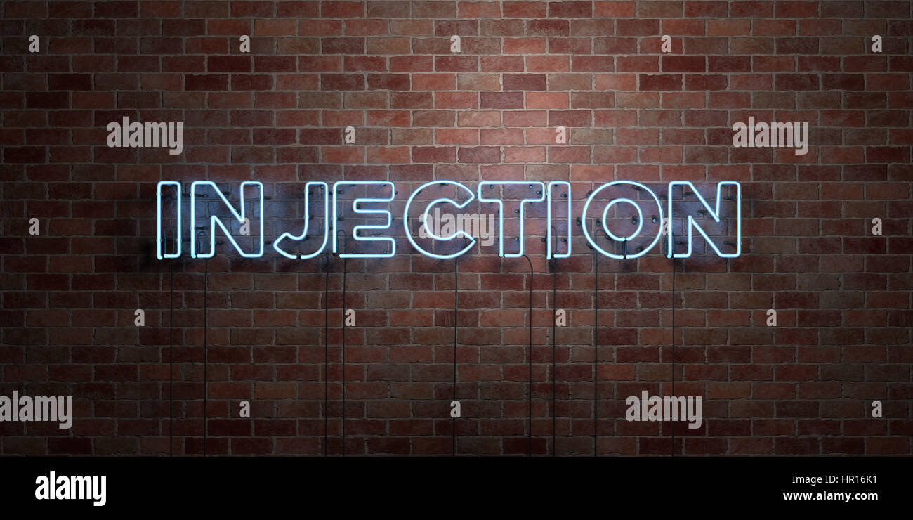 INJECTION - fluorescent Neon tube Sign on brickwork - Front view - 3D ...