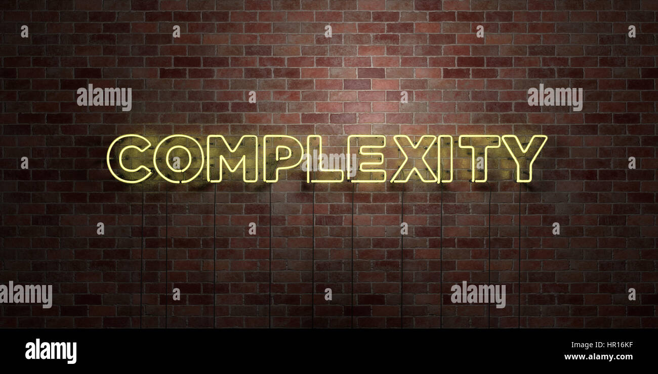 COMPLEXITY - fluorescent Neon tube Sign on brickwork - Front view - 3D rendered royalty free ...