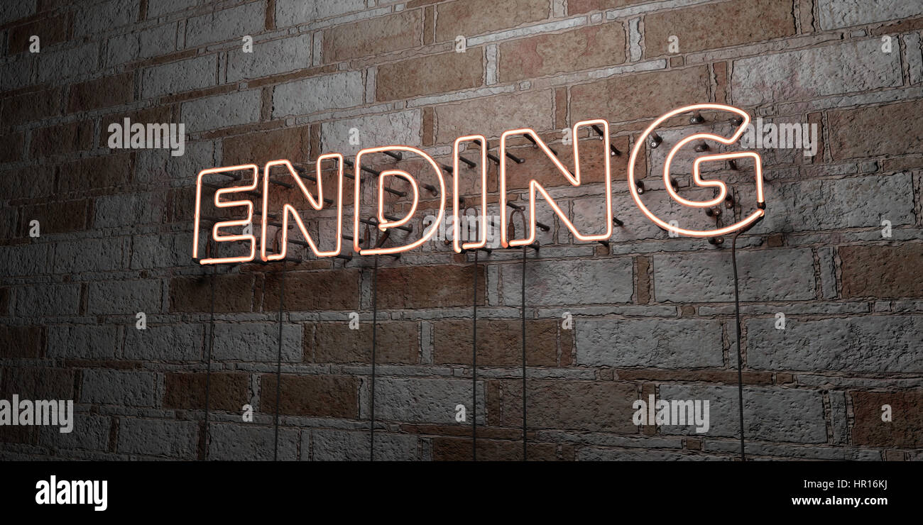 ENDING - Glowing Neon Sign on stonework wall - 3D rendered royalty free ...