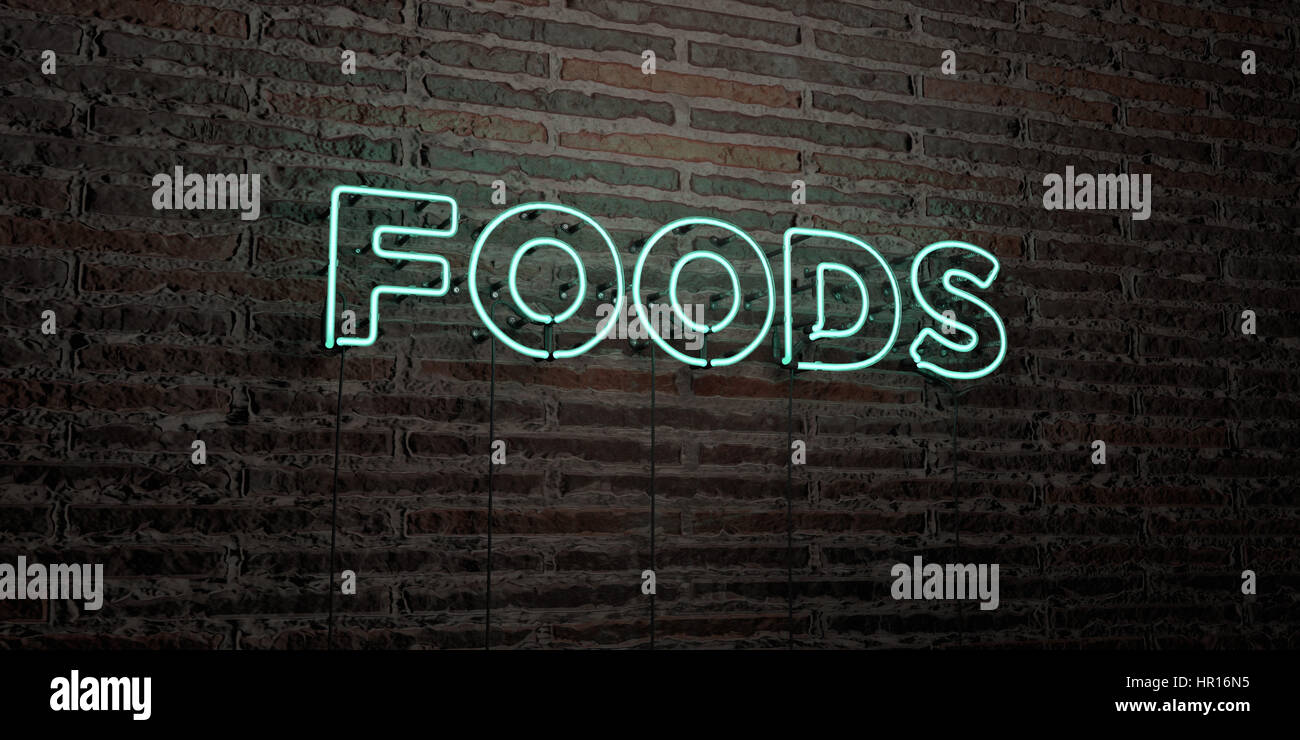FOODS -Realistic Neon Sign on Brick Wall background - 3D rendered ...