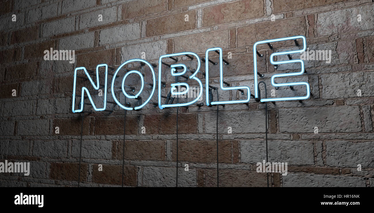 NOBLE - Glowing Neon Sign on stonework wall - 3D rendered royalty free ...