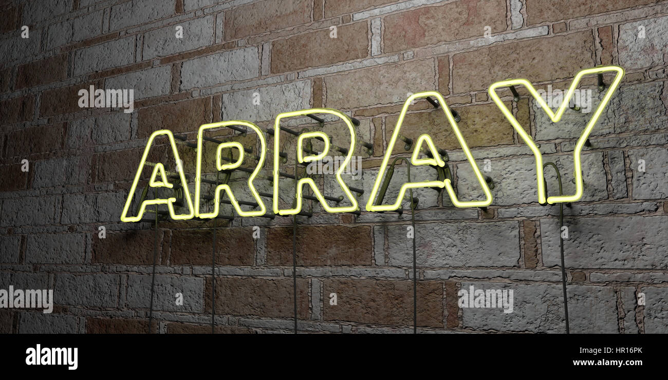 ARRAY - Glowing Neon Sign on stonework wall - 3D rendered royalty free ...
