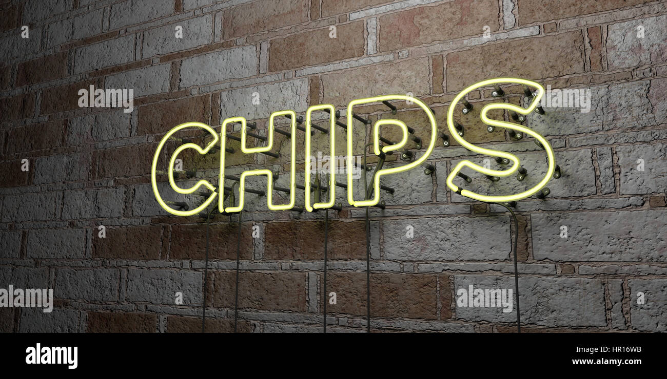 CHIPS - Glowing Neon Sign on stonework wall - 3D rendered royalty free ...