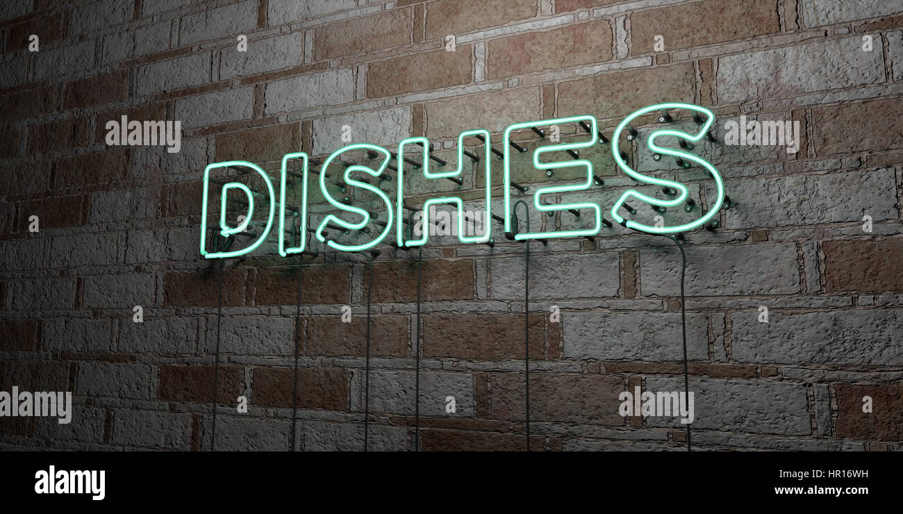 DISHES - Glowing Neon Sign on stonework wall - 3D rendered royalty free ...