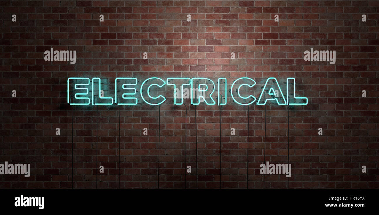 ELECTRICAL - fluorescent Neon tube Sign on brickwork - Front view - 3D ...