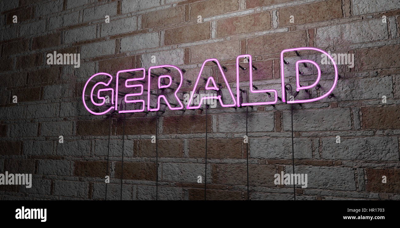 GERALD - Glowing Neon Sign on stonework wall - 3D rendered royalty free ...
