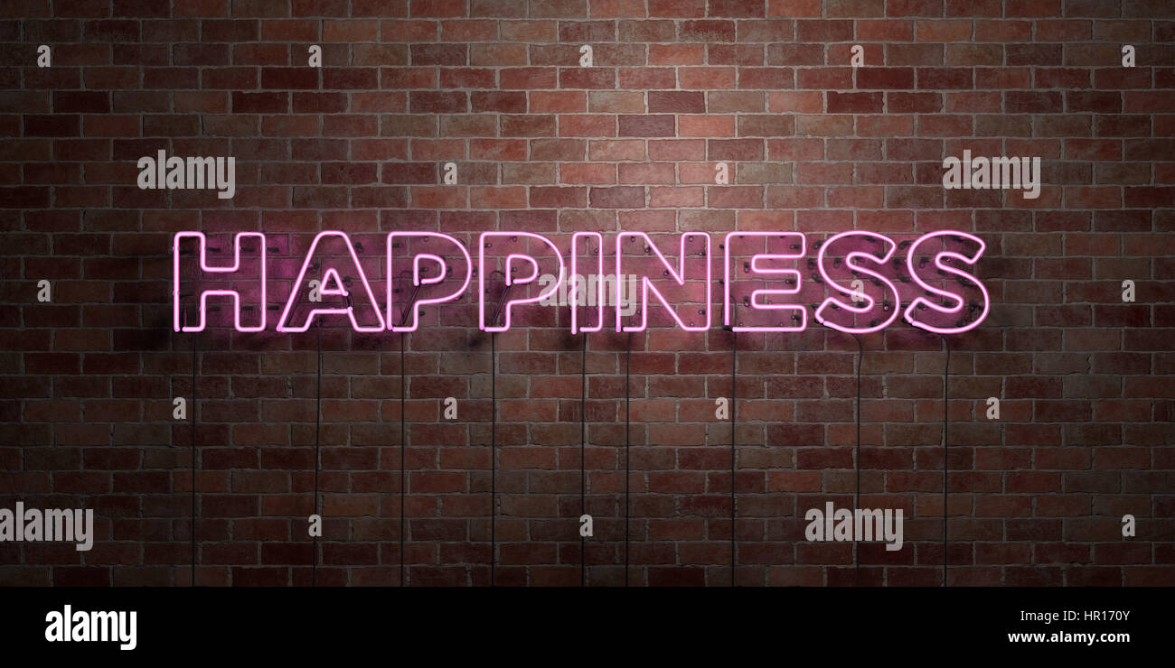 HAPPINESS - fluorescent Neon tube Sign on brickwork - Front view - 3D ...