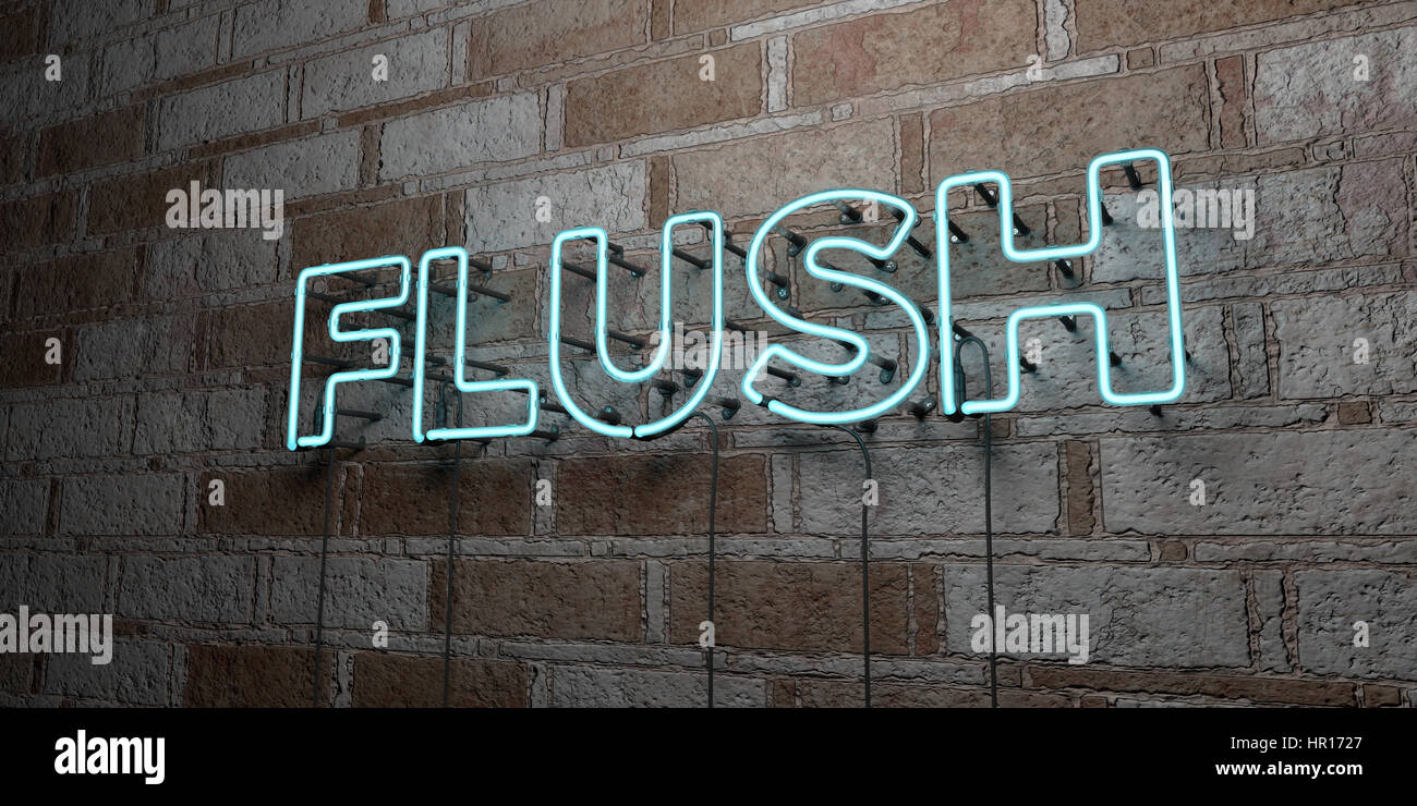 FLUSH - Glowing Neon Sign on stonework wall - 3D rendered royalty free ...