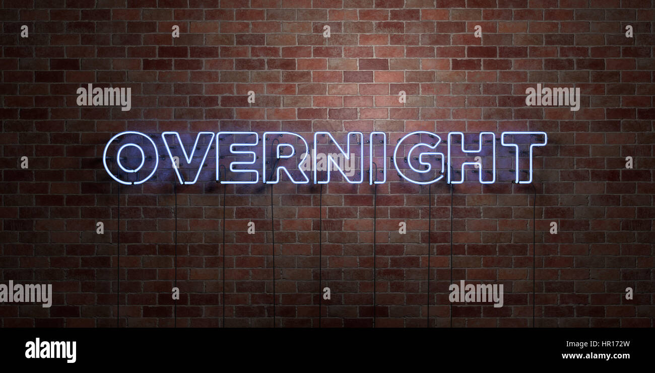 OVERNIGHT - fluorescent Neon tube Sign on brickwork - Front view - 3D ...