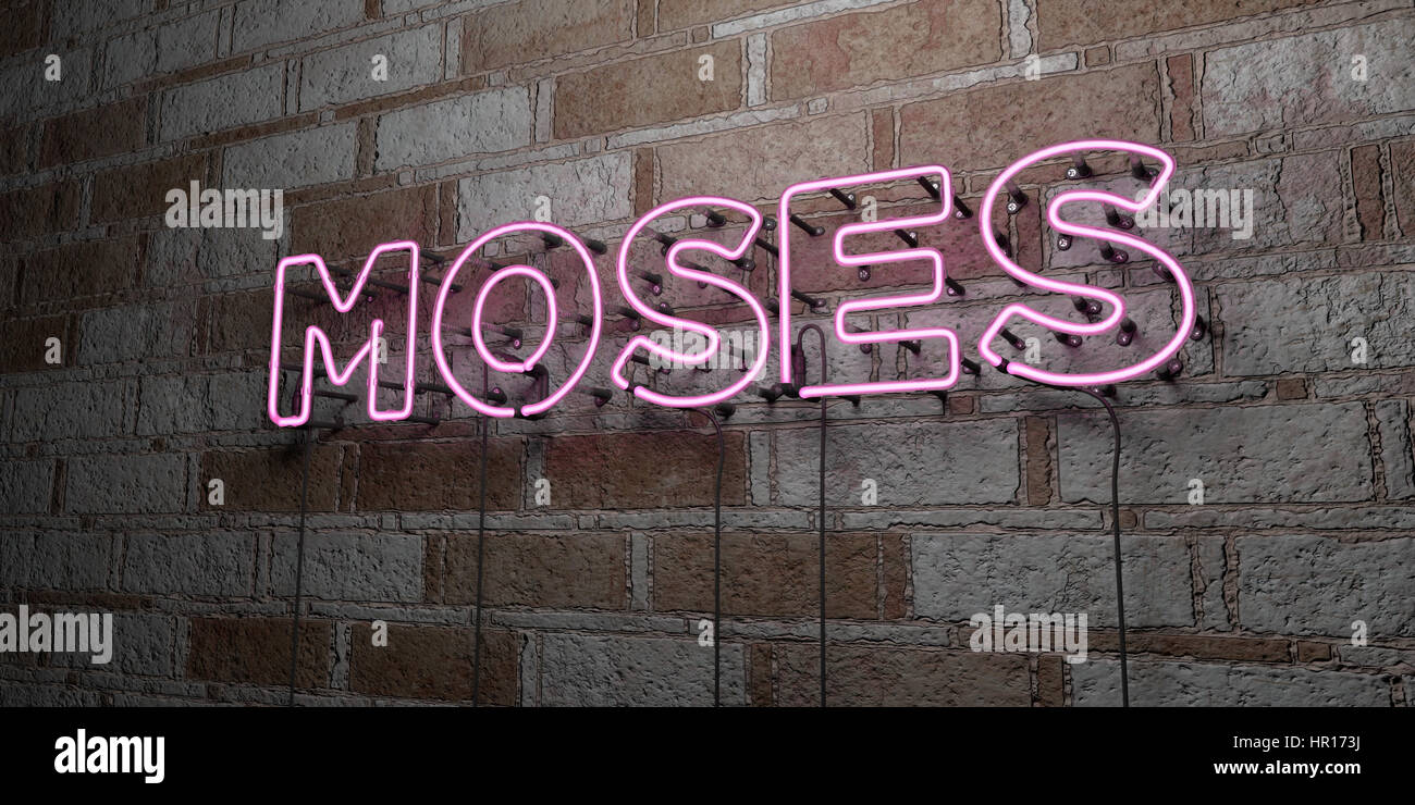 MOSES - Glowing Neon Sign on stonework wall - 3D rendered royalty free ...