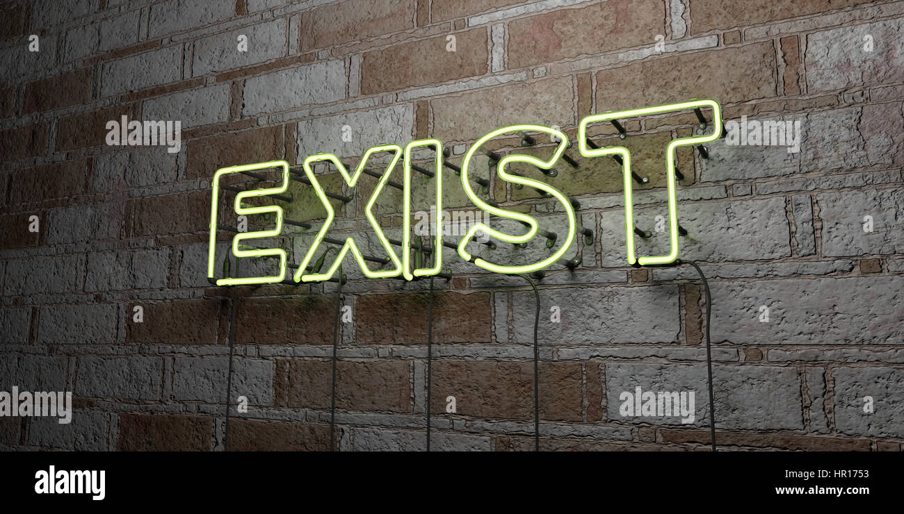 EXIST - Glowing Neon Sign on stonework wall - 3D rendered royalty free ...