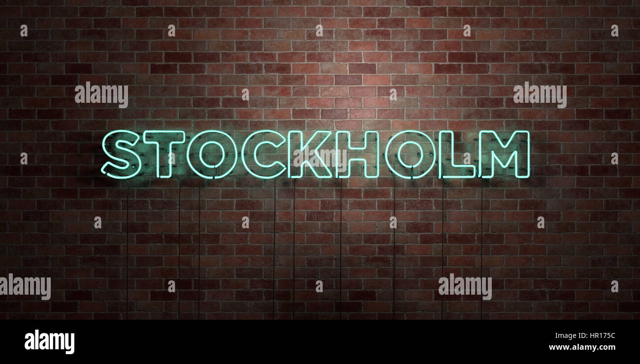 STOCKHOLM - fluorescent Neon tube Sign on brickwork - Front view - 3D ...