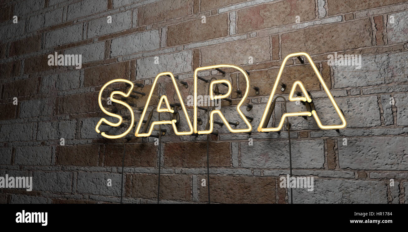 SARA - Glowing Neon Sign on stonework wall - 3D rendered royalty free ...