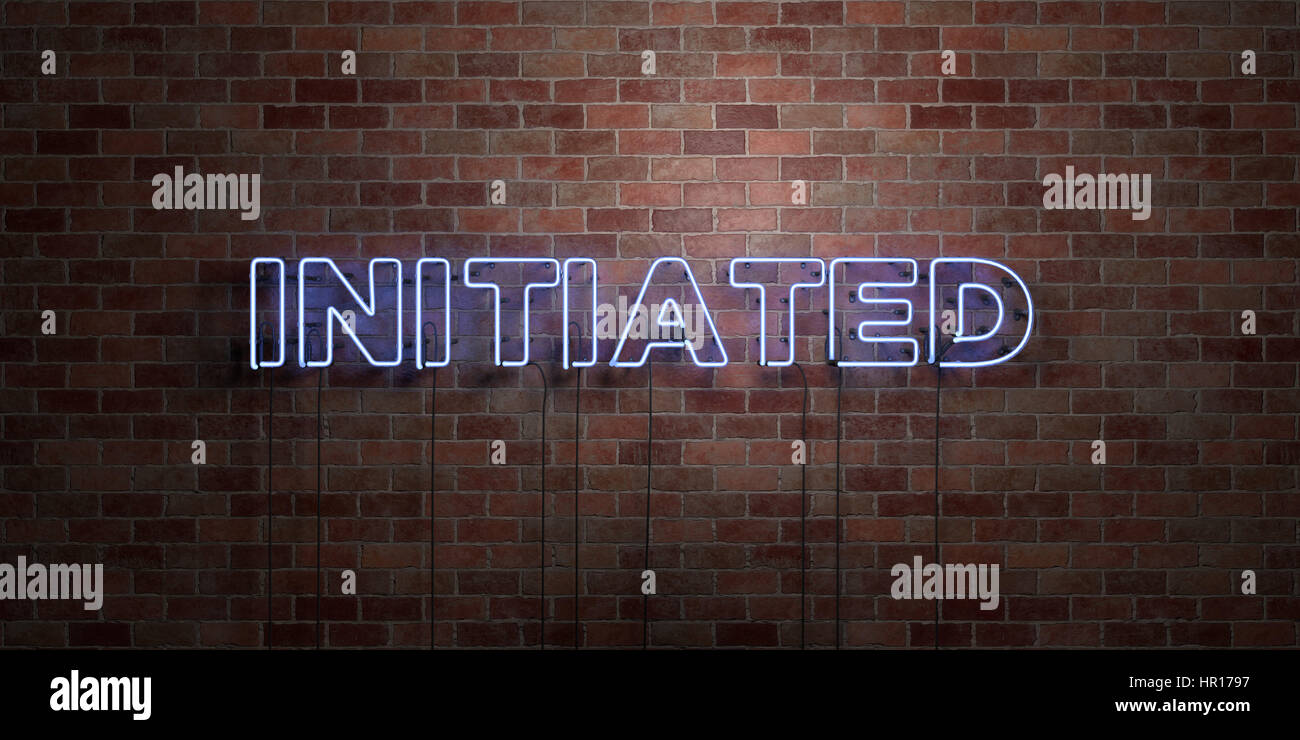INITIATED - fluorescent Neon tube Sign on brickwork - Front view - 3D ...