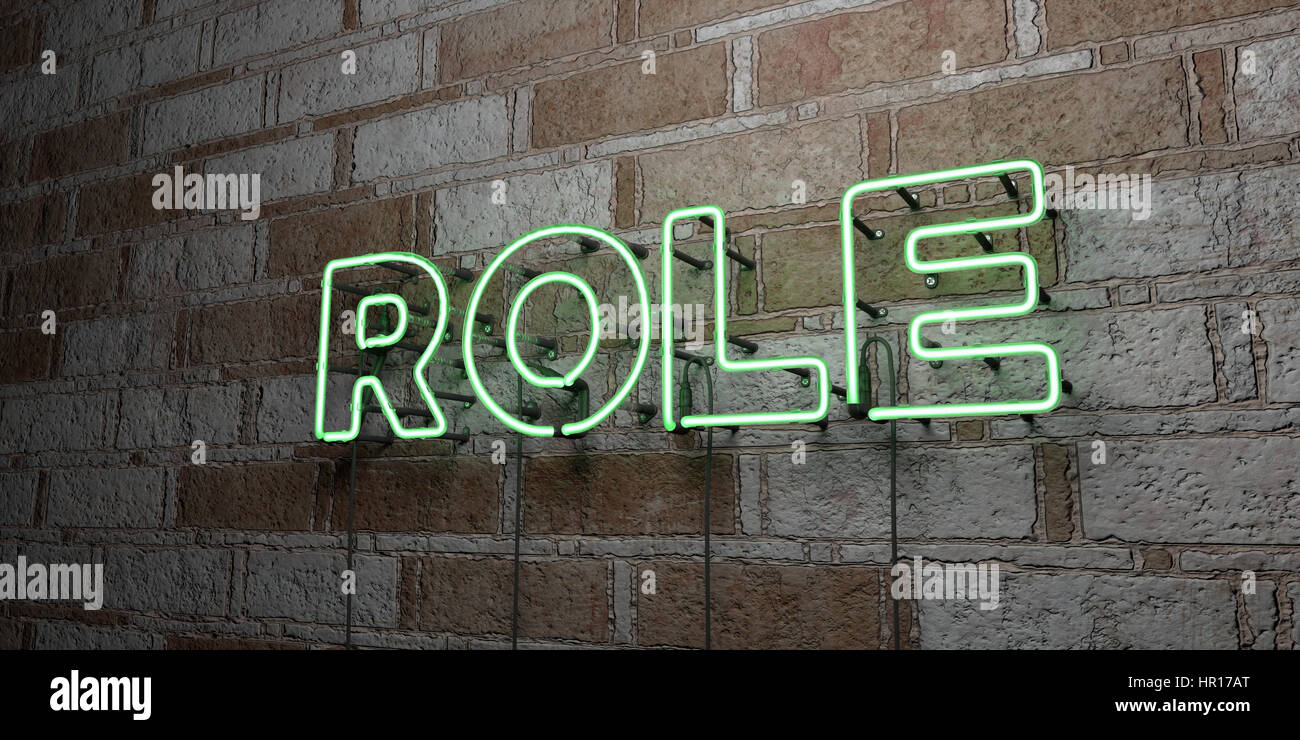 ROLE - Glowing Neon Sign on stonework wall - 3D rendered royalty free ...