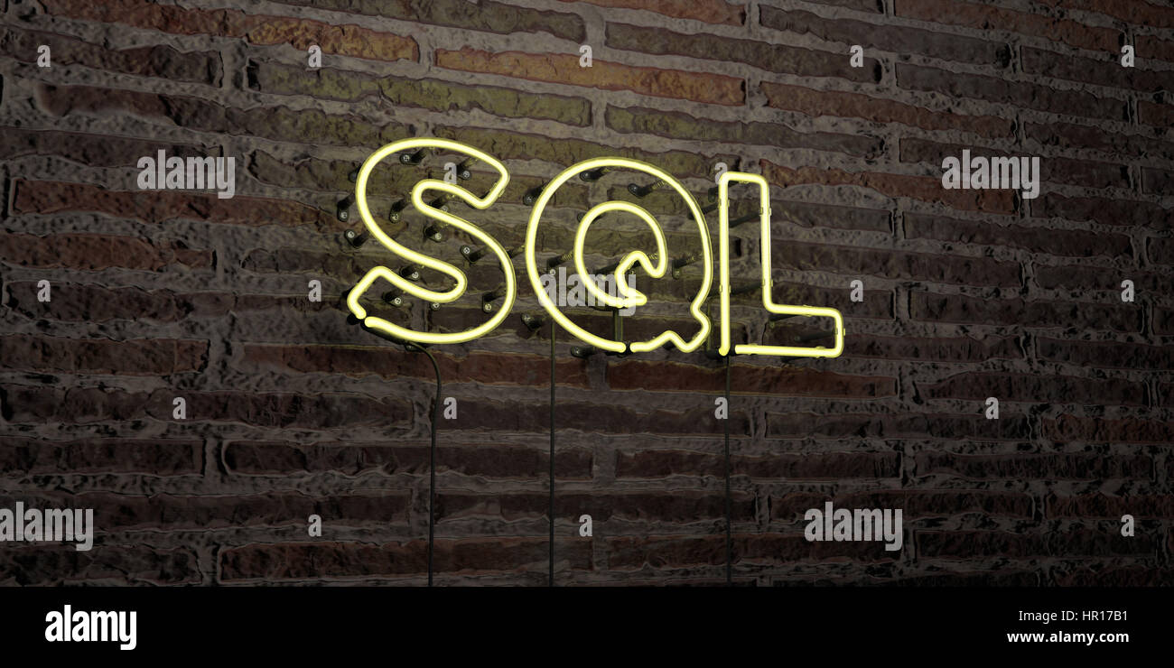 SQL -Realistic Neon Sign on Brick Wall background - 3D rendered royalty ...