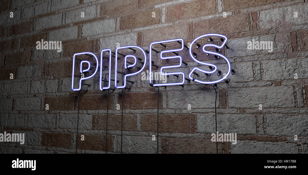 PIPES - Glowing Neon Sign on stonework wall - 3D rendered royalty free ...